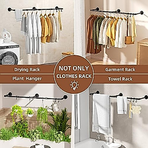 Vintage Clothes Rack, 48" Industrial Pipe Wall Mount Garment Rack, Space-Saving Heavy Duty Clothes Hanger for Closet Storage, 3 Bases, 1-Pack with 6 S-Hooks, Industrial Pipe Wall Mounted Closet Rod