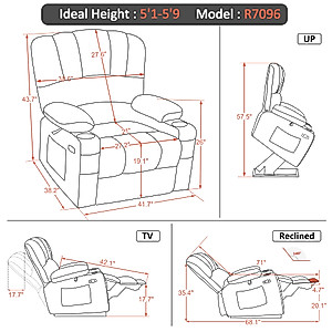 MCombo Power Lift Recliner Chair Sofa with Massage and Heat for Big Elderly People, USB Ports, Side Pockets, Fabric R7096 (Medium-Wide, Navy Blue)