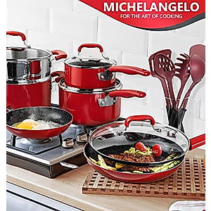 MICHELANGELO Pots and Pans Set Nonstick, 15 Pcs Kitchen Cookware Sets with Porcelain Enamel Exterior and Nonstick Granite-derived Coating, Enamel Cookware Set with 5 Utensils - Red