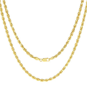 Nuragold 14k Yellow Gold 3mm Rope Chain Diamond Cut Necklace, Mens Womens Jewelry 16" 18" 20" 22" 24" 26" 28" 30"