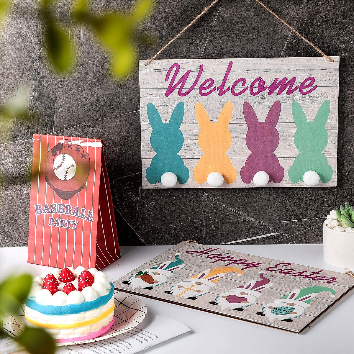 2 Pieces Happy Easter Wooden Sign Easter Hanging Wood Decor Easter Welcome Door Sign Gnome Bunny Eggs Wood Easter Decorations for Home Garden Spring Party, 12 x 7.8 Inch