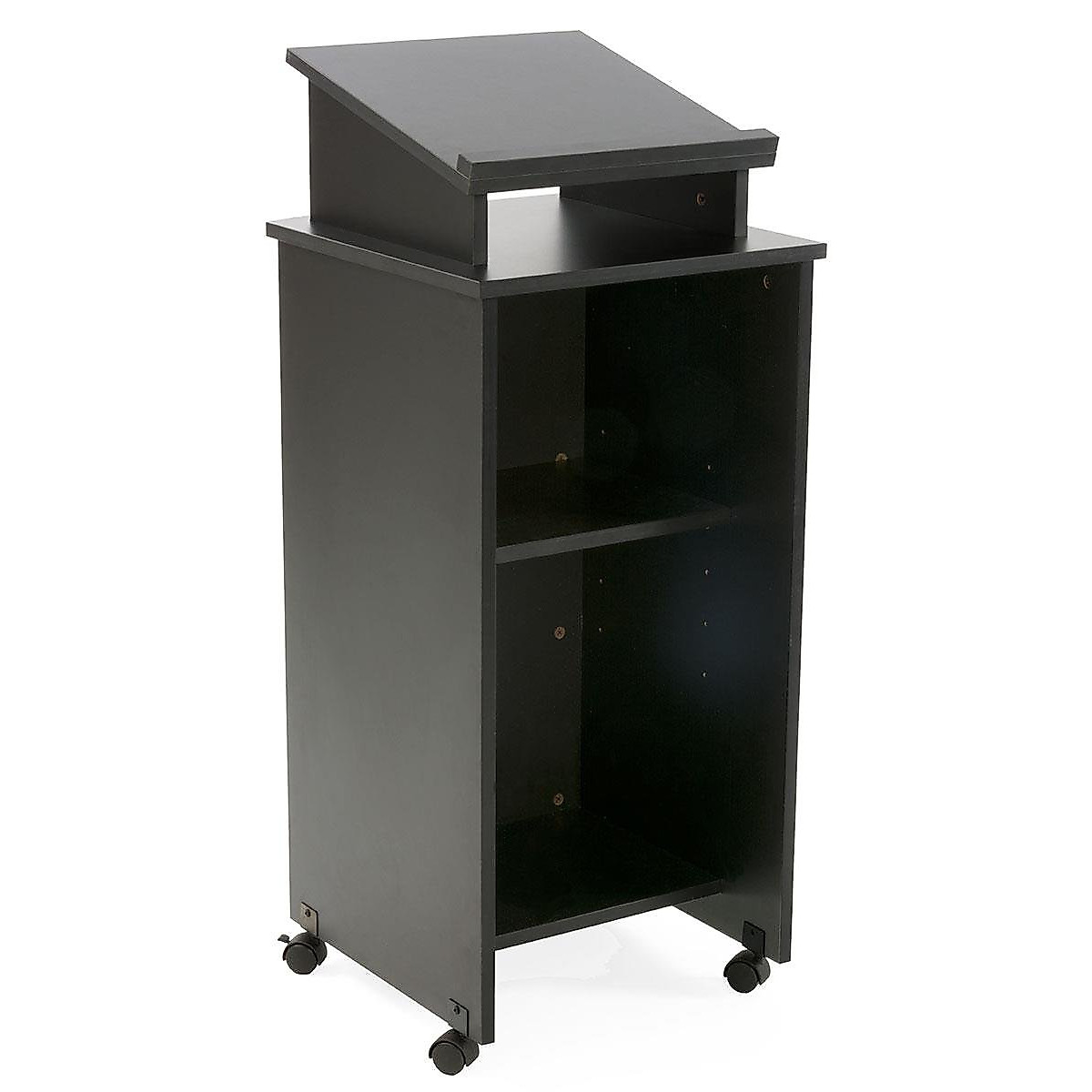 Rolling Wood Podium, 44"H, Locking Wheels, 2 Shelf Open Cabinet, Top Surface with Lip (Black)