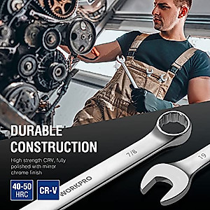 WORKPRO Mechanics Wrench Set Metric and Standard, 22PCS Complete Combination Wrenches Set. SAE 1/4" to 3/4", Metric 9mm to 19mm, Automotive Wrench Set with Rack Organizer