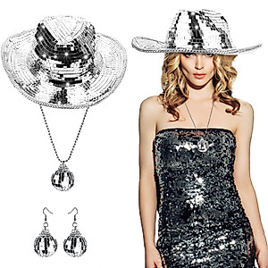 MAKCNMYM Disco Cowboy Hat Silver Cowgirl Hat With Disco Ball Necklace and Sparkly Mirrored Earrings Sequin Hat Women Bling Glitter Dance Cap for Girls Party Costume Accessories Cosplay Dress Up
