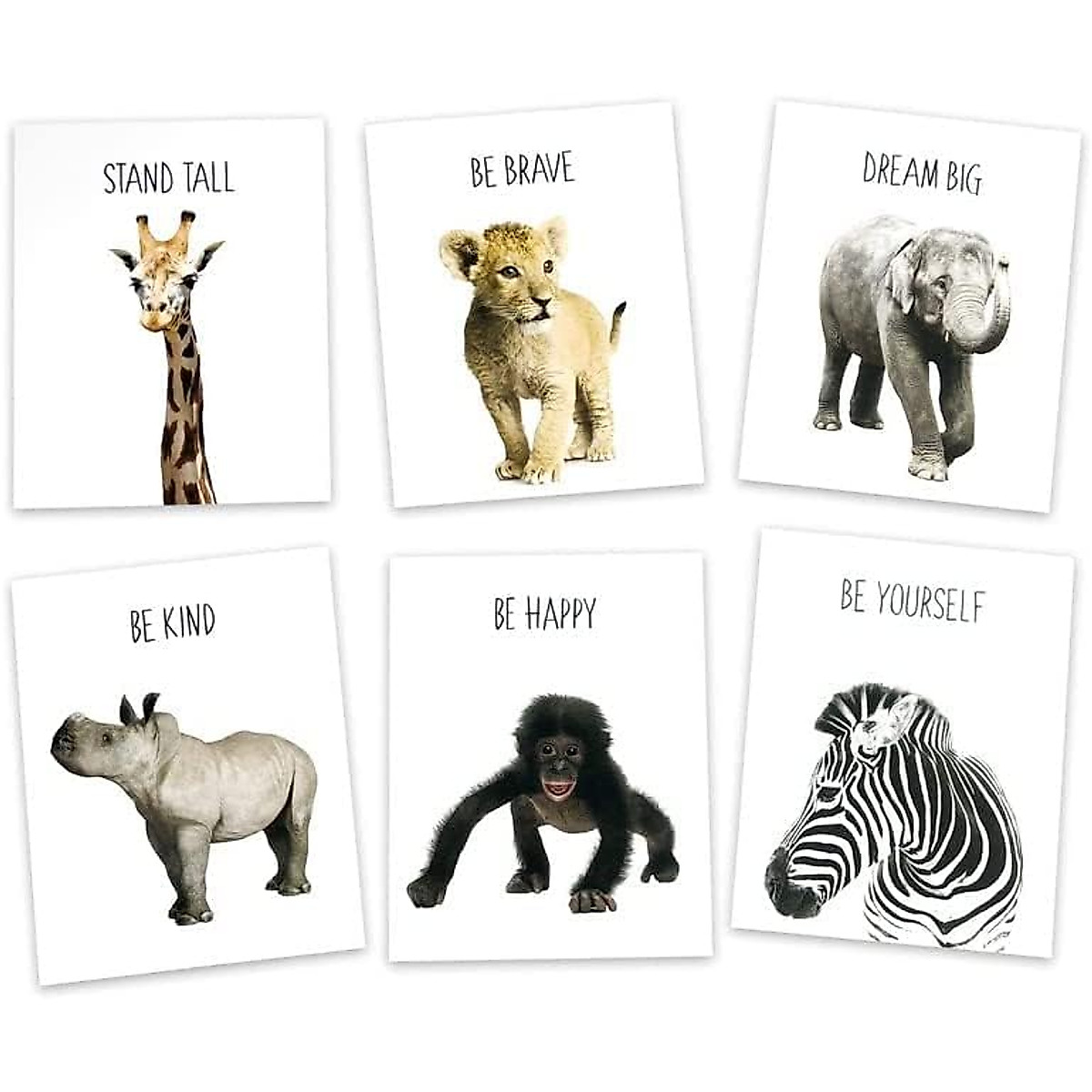 FUNNY PARTY PIECES Set of 6 Safari Animal Prints - Nursery Bedroom Decor For Children Baby, Nursery Wall Art - Jungle Safari Decor - Cute Prints With Inspiring Messages
