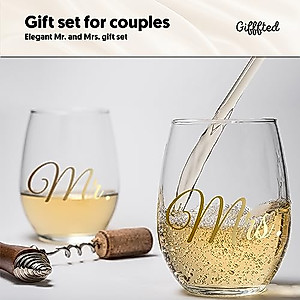 Triple Gifffted Mr and Mrs Wine Glasses Couples Gifts Ideas for Wedding, Anniversary, Gift for Engagement, Bride & Groom, Newlyweds, His and Hers, Wife, Husband, Christmas Presents
