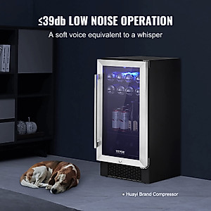 VEVOR 15” Beverage Refrigerator, 96 Cans Under Counter Built-in or Freestanding Beer Fridge, Blue LED Light, Adjustable Shelves, Child Lock, ETL