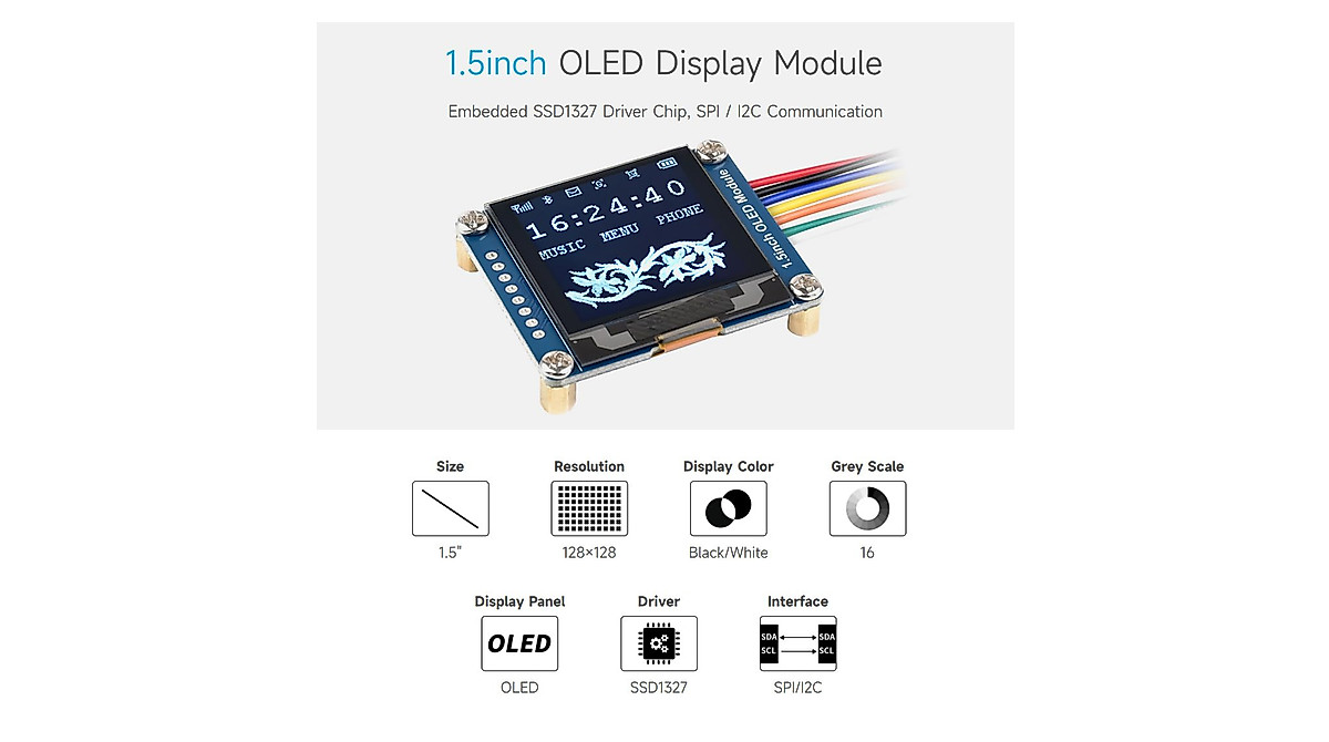 Waveshare 1.5inch OLED Display Module 128x128 Pixels with SPI/I2C