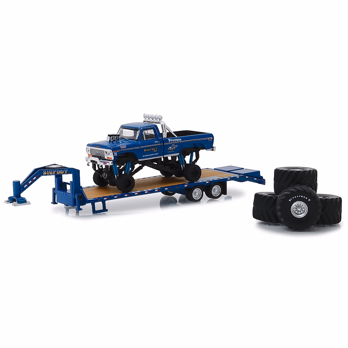 Greenlight 1:64 Bigfoot #1 The Original Monster Truck (1979) - 1974 F&250 Monster Truck on Gooseneck Trailer with Regular and Replacement 66 inch Tires 30054 [Shipping from Canada]