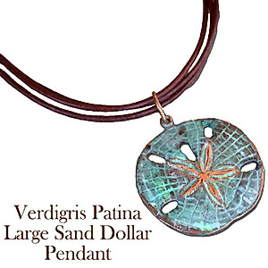 Elaine Coyne Collectible Artwear Verdigris Patina Large Brass Sand Dollar Pendant on Expresso Leather - USA Made