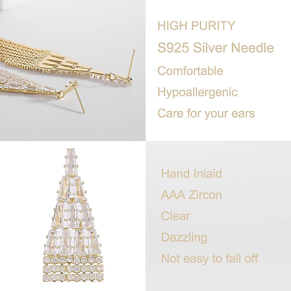 DAYUSTAR Chandelier Gold Tassel Pave Crystal Earrings Boho Fringe Rhinestone Dangle Earrings for Women Long Drop Linear Earrings