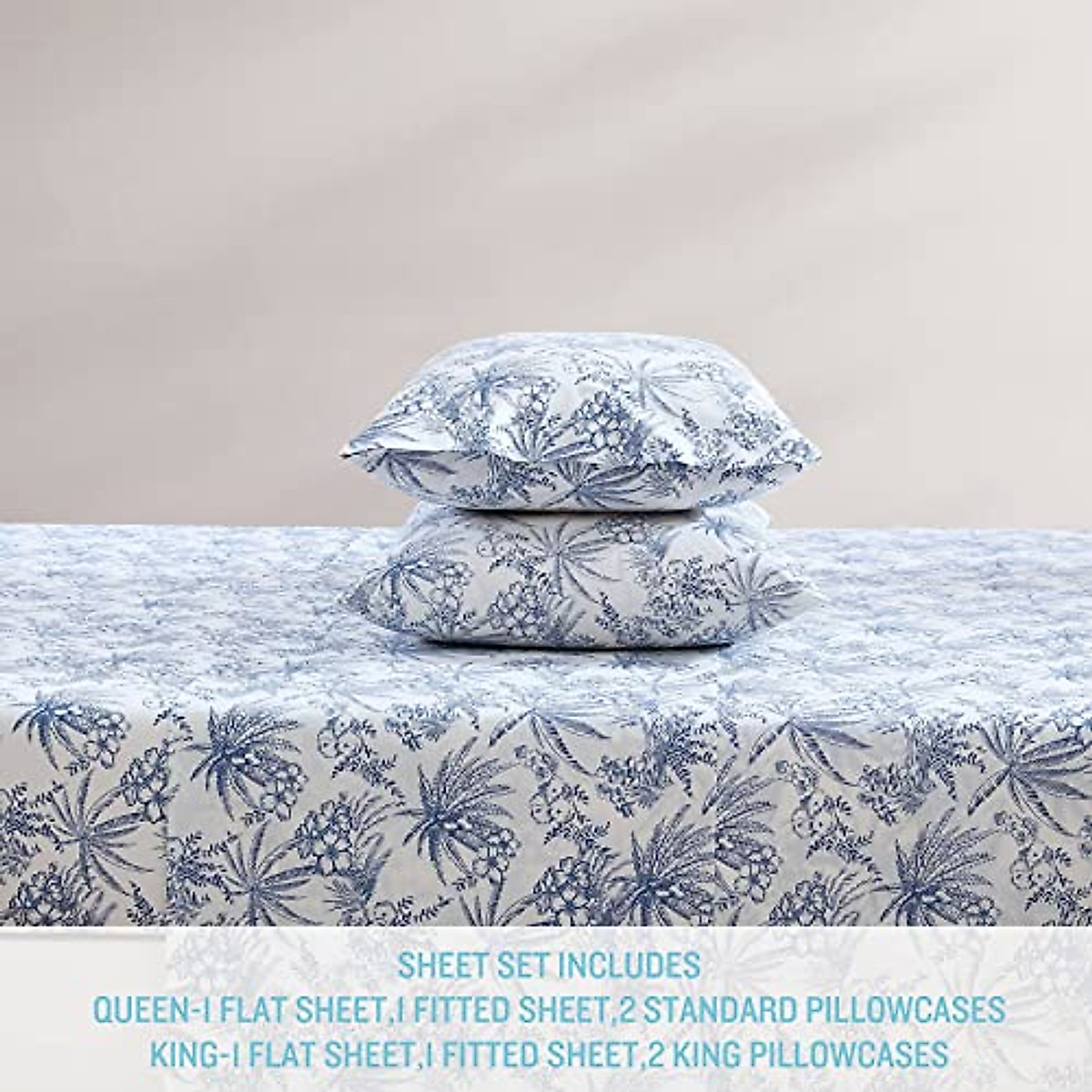 Tommy Bahama - King Sheets, Cotton Percale Bedding Set, Crisp & Cool, Stylish Home Decor (Pen and Ink Palm Blue, King)