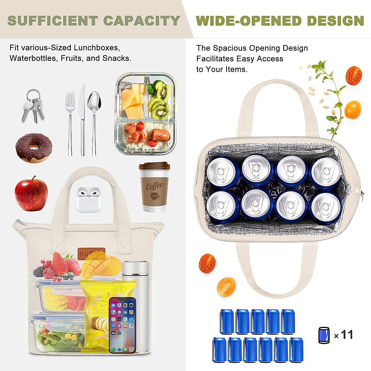 KUBYA Lunch Box for Women, Lunch Bag for Women Men Adult Simple Reusable Lunchbox Insulated Lunchbag Large Capacity Lunch Boxes Cute Cooler, with Food Storage Bags for Work, Office or Picnic (Beige)