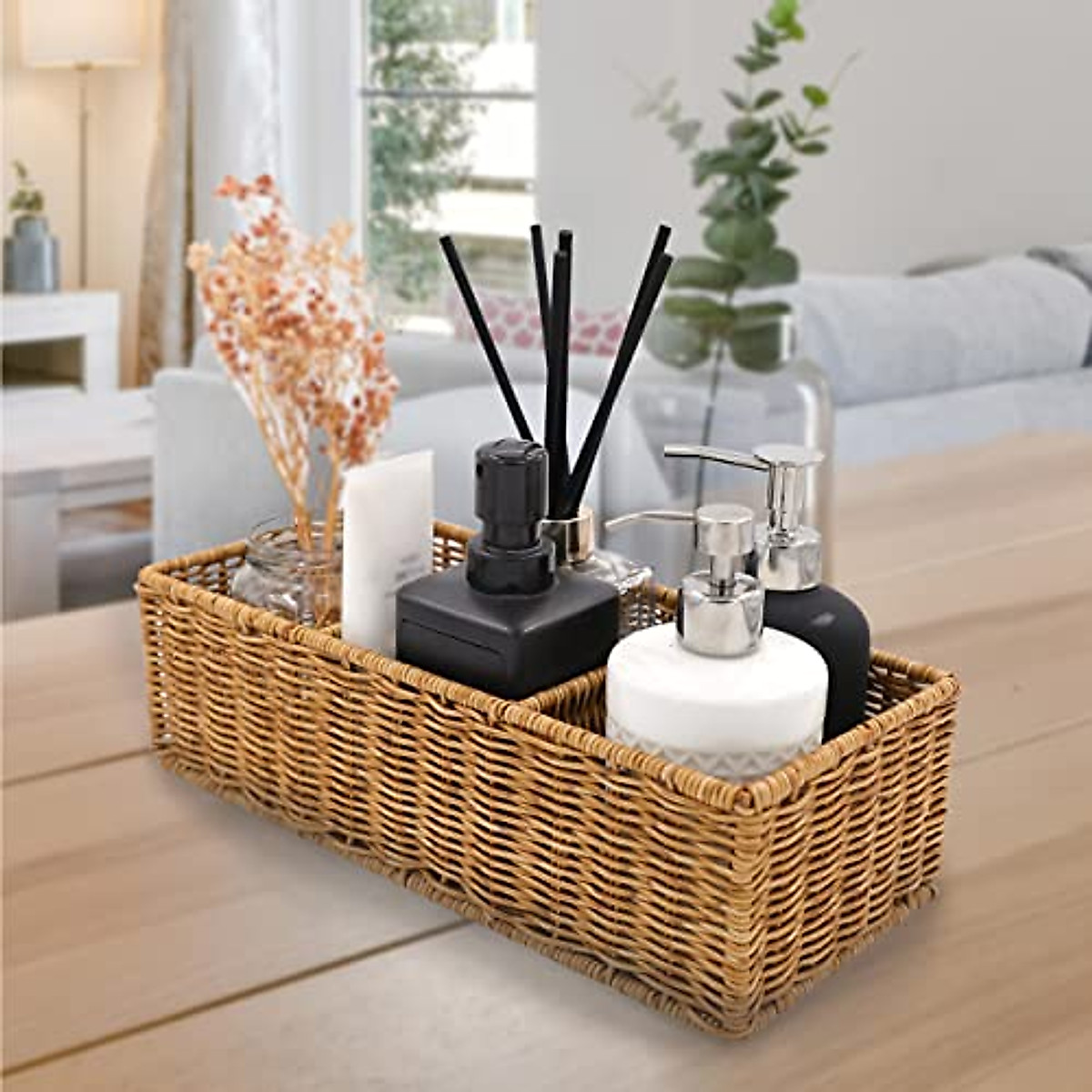 myHomeBody Wicker Basket With 3 Compartments | Woven Baskets for Organizing | Storage Basket, Toilet Tank Basket | Bathroom Counter Organizer, Bedroom Organization | Tan, 1pc