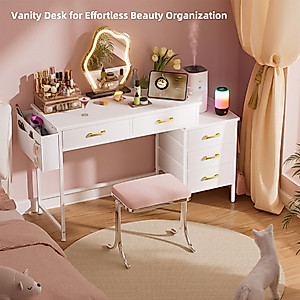 YILQQPER Vanity Desk without Mirror, Makeup Vanity with 5 Fabric Drawers, White Vanity Desk Dressing Vanity Table with Charging Station, 50 Inch Large Girl Vanity, Desk Make Up Vanity for Girls, White
