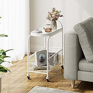 AEPOALUA Bar Cart, Mini Bar Cartwith Magazine Holder, Modern Two Tier Silver Bar Cart for Bedroom,Bathroom, Kitchen,Indoor, Patio White