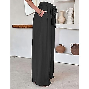 MUSIDORA Black Wide Leg Pants for Women Palazzo Linen Slacks Women High Waisted Beach Casual Travel Flowy Boho Stretchy Petite (Black M)