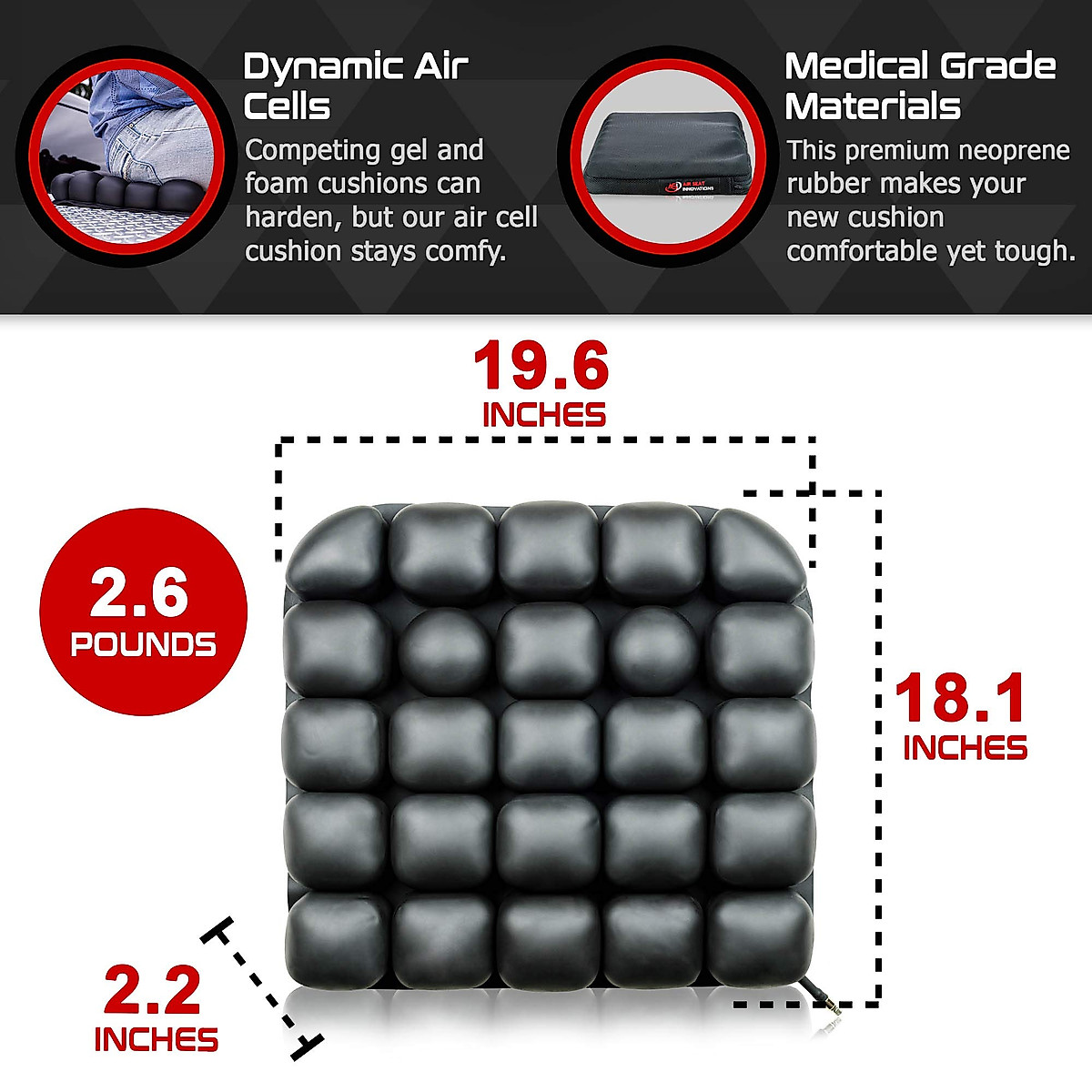 Air Seat Innovations Seat Cushion: Office Chair, Wheelchair, Car or Truck Driver Seat Pad - Lower Back, Coccyx and Sciatica Pain Relief, 18” x 16”