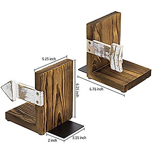 MyGift Rustic Burnt Solid Wood Decorative Bookend with Whitewashed Arrow Design, Office Desktop Book Support Stand, 1-Pair