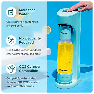 Drinkmate OmniFizz Sparkling Water and Soda Maker, Carbonates Any Drink, PARTY PACK - Includes two 60L CO2 Cylinders, three Carbonation Bottles, and two Fizz Infusers (Arctic Blue)