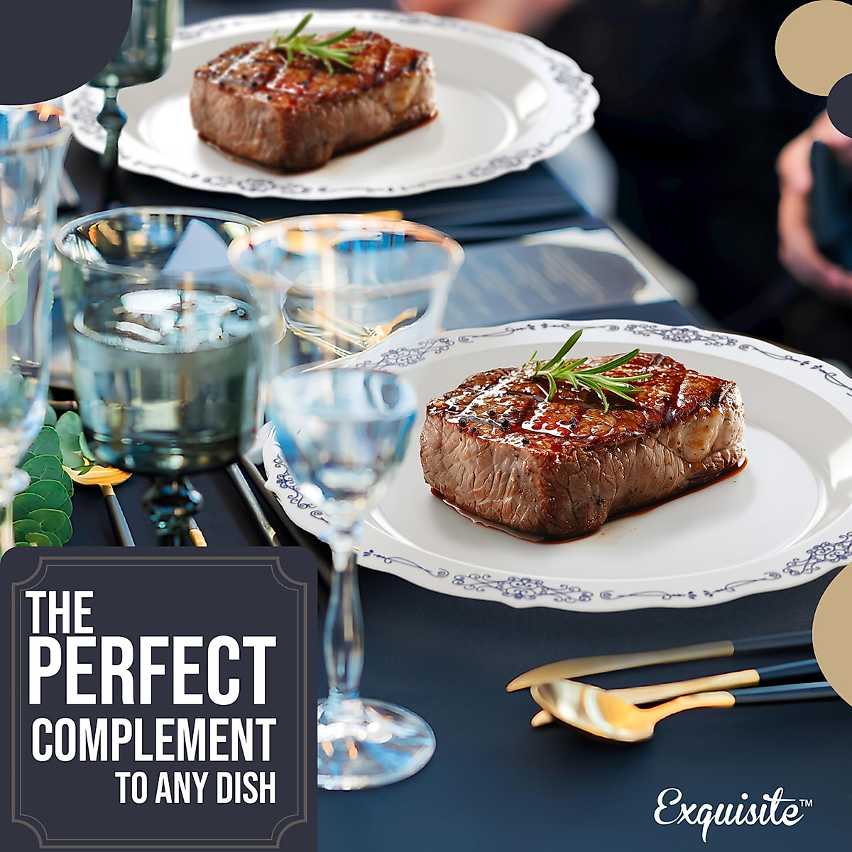 Exquisite Victorian Plastic Plates 60 Piece Plastic Disposable Plates for Party Set For 60 Guests 60 x 10 inch Plastic Dessert Plates Plastic Plates Disposable Heavy Duty White & Navy