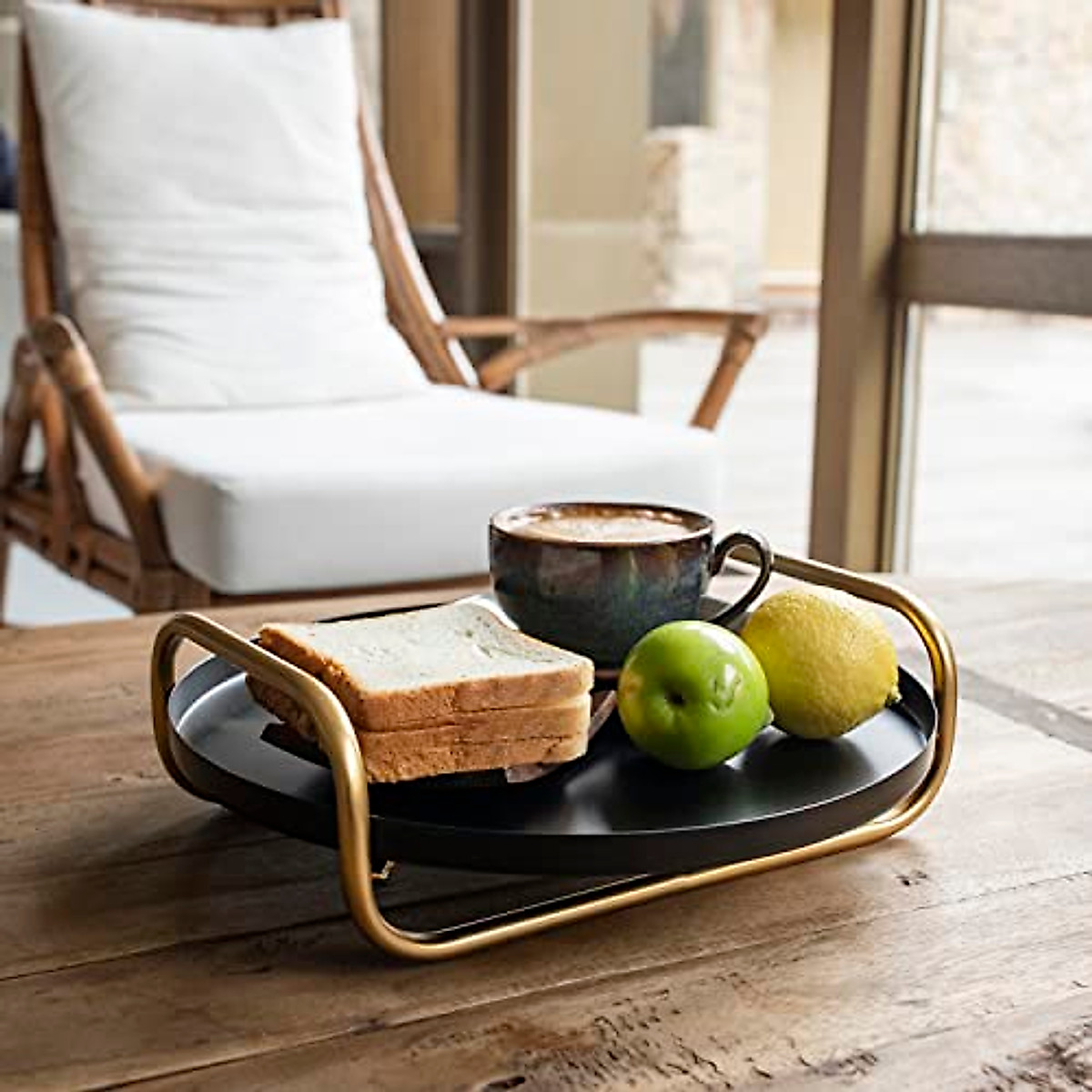 Decorative Trays - Metal Coffee Table Tray, Decorative Serving Tray with Gold Handle - Perfect for Coffee Table, Coffee Bar, Kitchen Counter, Dining Table (Black Gold)