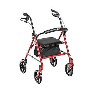 Drive Medical 10257RD-1 4 Wheel Rollator Walker With Seat, Steel Rolling Walker, Height Adjustable, 7.5" Wheels, Removable Back Support, 300 Pound Weight Capacity, Red