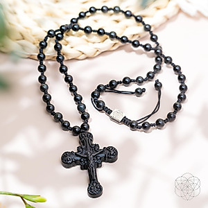 Conscious Items - Black Obsidian Necklace - Sacred Armor: Black Obsidian Cross of Faith and Protection - Pearl Necklace with Cross - Chakra Cross Necklace - Cross Necklace for Men