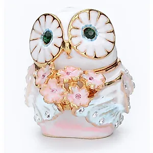 Furuida Cute Big Eyes Owl Holding Pink Bouquet Trinket Box with Hinged Classic Animal Ornaments Unique Gift for Family