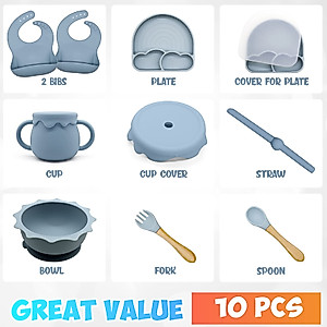 Mishall Baby Feeding Set – 10-Pcs Baby Heavy-Duty Supplies Set with Suction Plates, Bowls, Fork, Spoon, Baby Bibs – Food-Grade Silicone Utensil Set – Self-Feeding Supplies for Babies and Toddlers-Blue