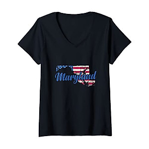 Womens Maryland USA Flag in Map America V-Neck T-Shirt