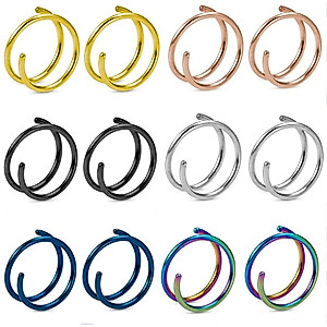 Double Nose Ring Hoops for Single Piercing Double Hoop Nose Ring 20 Gauge 8mm for Single Piercing Double Nose Ring Hoop Double Loop Spiral Nose Rings for Women Girls (20 Gauge 8mm, 6 Mixed Color)