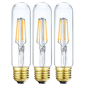 Leools Led Tube Bulb Glass 4W Dimmable Edison T10 Tubular Bulb,E26 Medium Base Filament Lamp 40 Watt Incandescent Bulb Equivalent 2700K Warm White,Clear Glass,No Flicker,3 Pack.