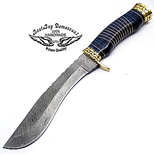 Best.Buy.Damascus1 Blue Wood 13" Fixed Blade Custom Handmade Damascus Steel Kukri Hunting Knife Double Brass Bolster Spacers Unique Beautiful File Work On Handel Come With Leather Sheath