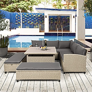BIADNBZ Outdoor Weather Brown Rattan Wicker Sectional Couch Conversation Sofa Dining Table for Porch, Backyard, Garden, Poolside, 6-Piece Patio Furniture Set with Two Bench, Gray