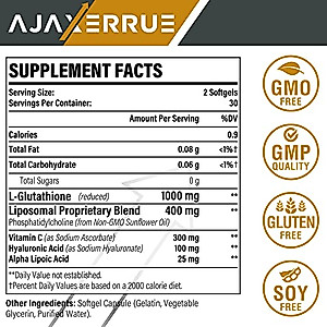 AJAXERRUE 1400 mg Liposomal Glutathione, Superior Absorption Complex Reduced Glutathione Supplement with Vitamin C, Hyaluronic Acid, Master Antioxidant for Liver Detox, Brain, Skin, 120 Softgels