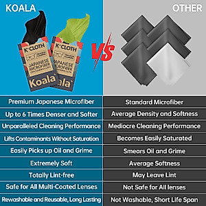 Koala Lens Cleaning Cloth | Japanese Microfiber | Glasses Cleaning Cloths | Eyeglass Lens Cleaner | Eyeglasses, Camera Lens, VR/AR Headset, and Screen Cleaning | Black & Green (Pack of 2)