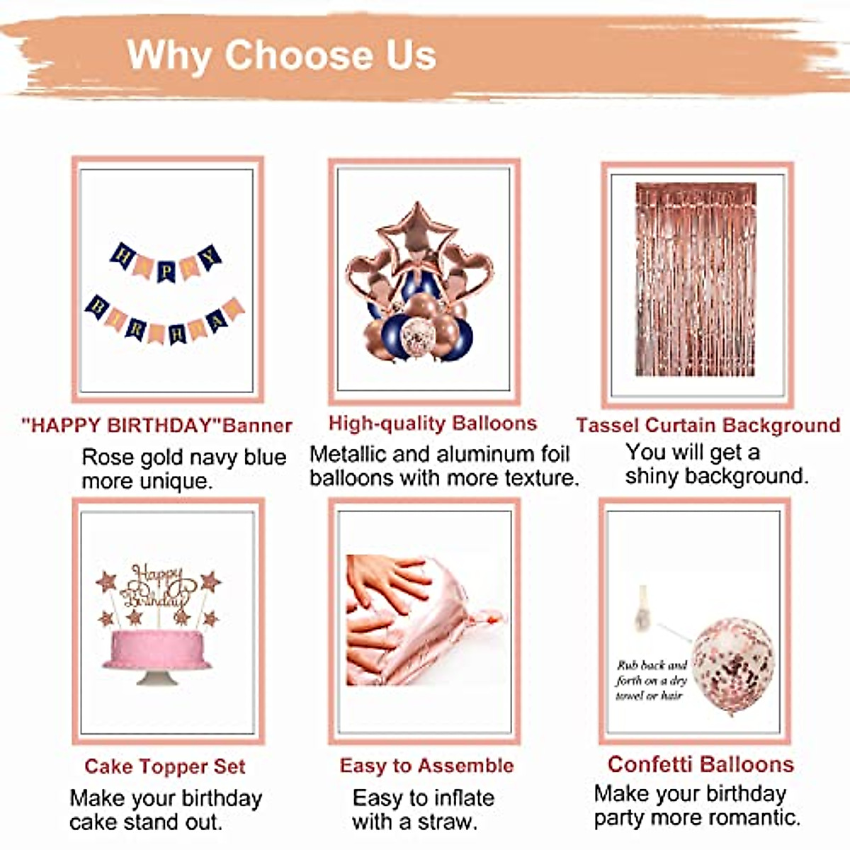 Navy Blue Rose Gold Happy Birthday Party Decorations Kit for Women Girls Men, Banner, Flower Pompoms, Fringe Curtain, Cake Topper, Foil Balloons for 16th 18th 21st 30th 40th 50th 60th Party Supplies