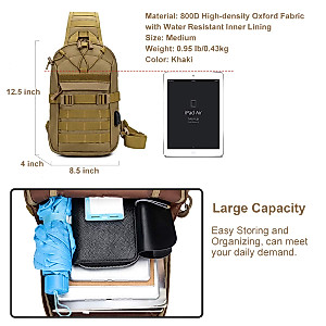 BraveHawk OUTDOORS Tactical Sling Bag, 800D Military Nylon EDC Crossbody Daypack Pack (Khaki)