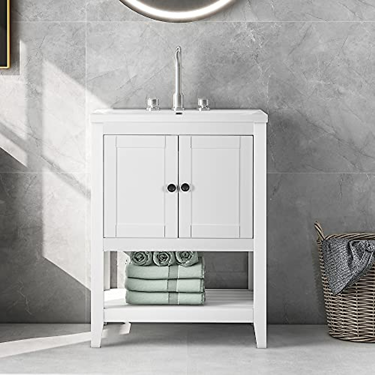 Merax 24 Inch Bathroom Vanity with Ceramic Sink Set Combo, Cabinet with Drawer and Doors, Solid Wood Frame with Painted Finish, Modern Style, White