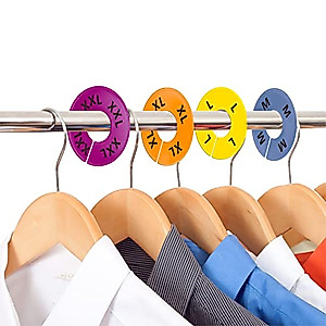 40 Pack Round Colorful Plastic Clothing Size Closet Rack Dividers Hangers, 8 Assorted Colors, Preprinted in 8 Sizes XXS, XS, S, M, L, XL, XXL, XXXL (Outer 3.5”, Inner Diameter 1.38”)