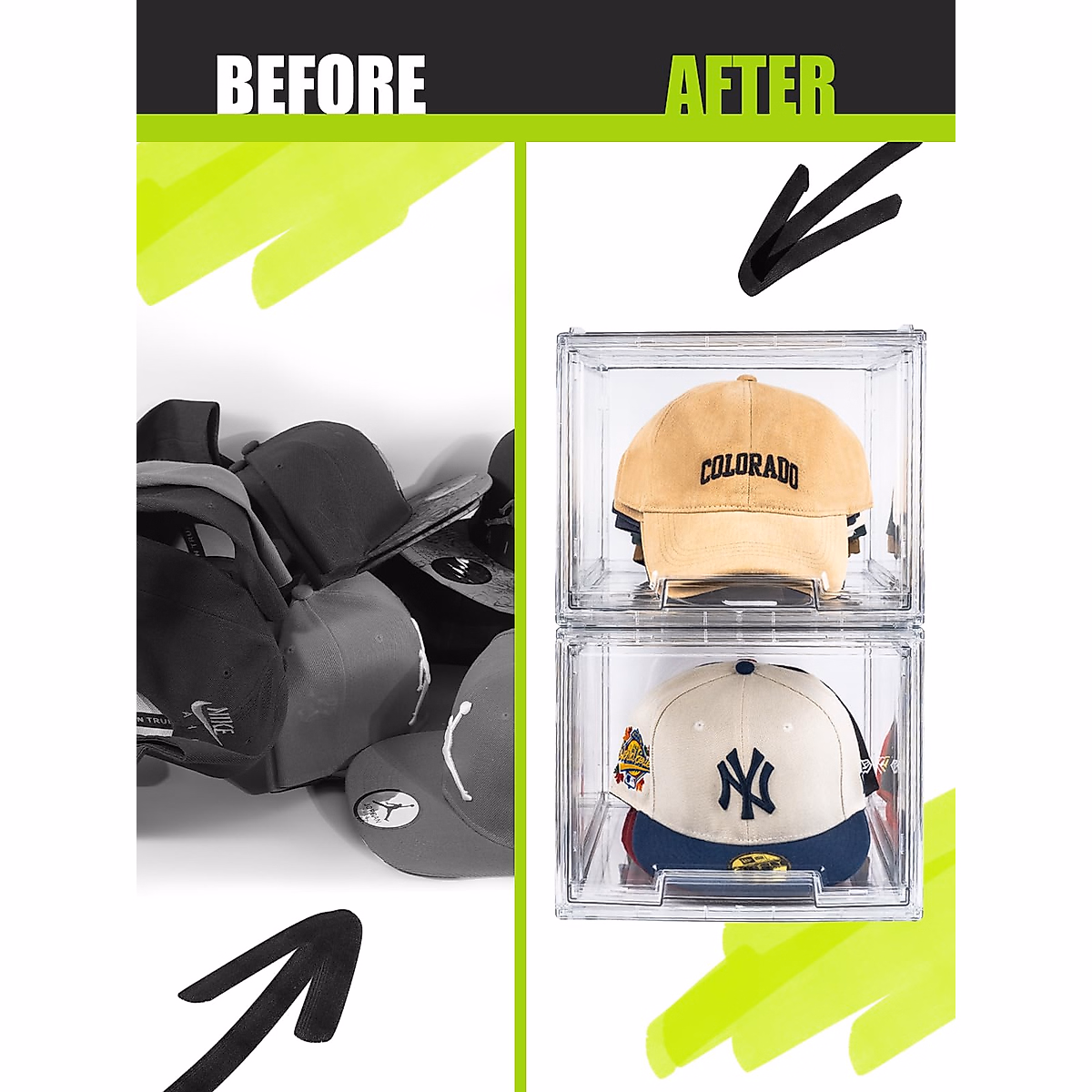 SCAVATA 2 Pack Hat Organizers, Stackable Clear Baseball Caps Holder Box Containers With Drawers for Hats Snapback Cap Storage, Hat Rack Display Case -Clear