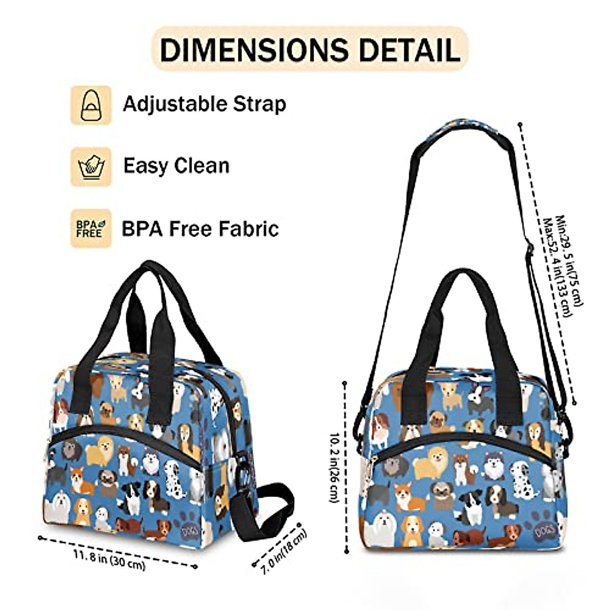 Insulated Lunch Bag Cute Animal Dogs Puppy Lunch Box for Women Girls Reusable Leakproof Meal Prep Lunch Bag Cooler Tote Bag with Removable Adjustable Shoulder Strap for Adult Travel Picnic Work School