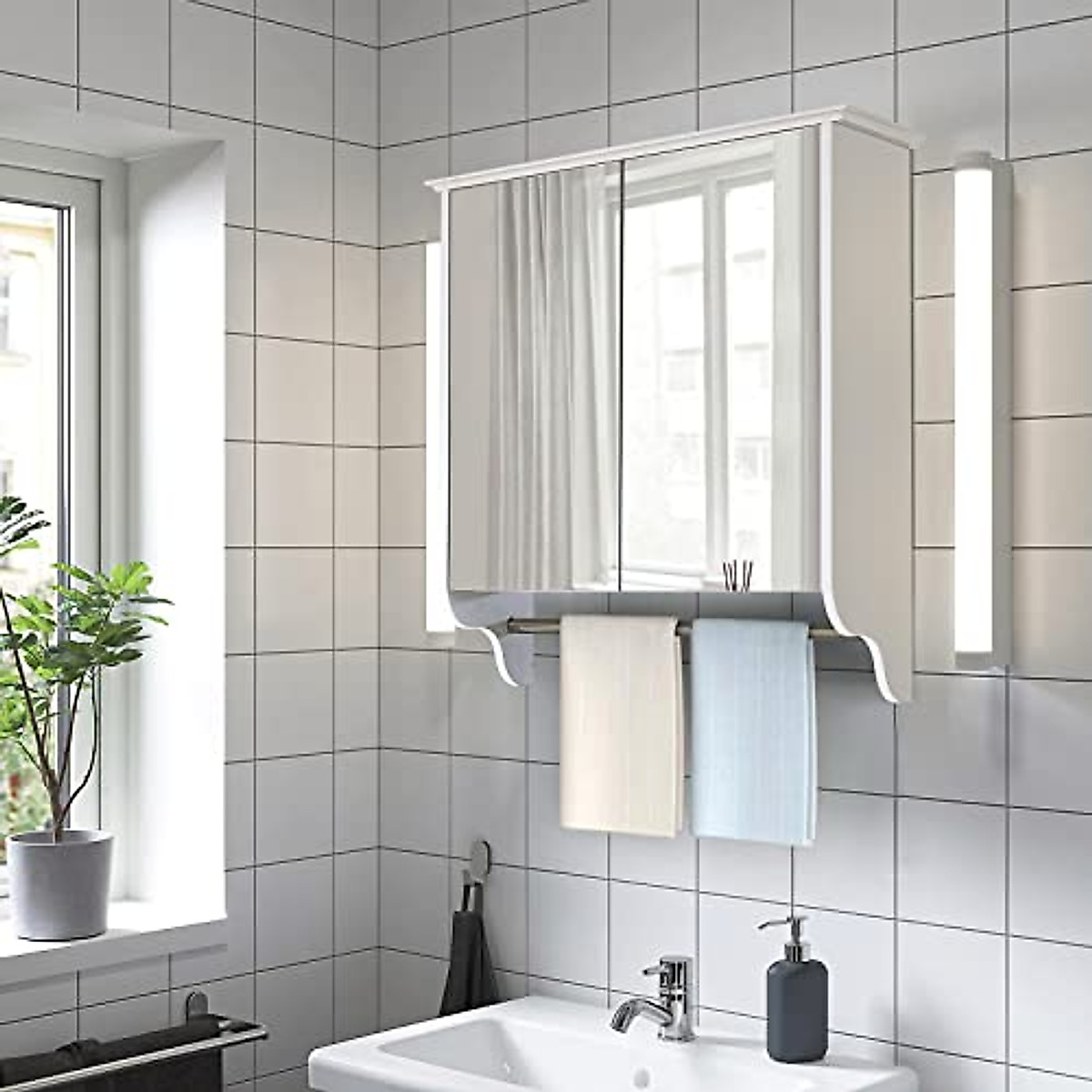 SMOOL Bathroom Medicine Cabinet with 2 Mirror Doors and Tower Rack, Wall Mounted Bathroom Cabinet Over The Toilet Storage, White