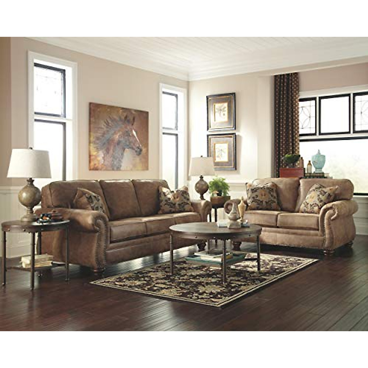 Signature Design by Ashley Larkinhurst Faux Leather Queen Sofa Sleeper with Nailhead Trim and 2 Accent Pillows, Brown
