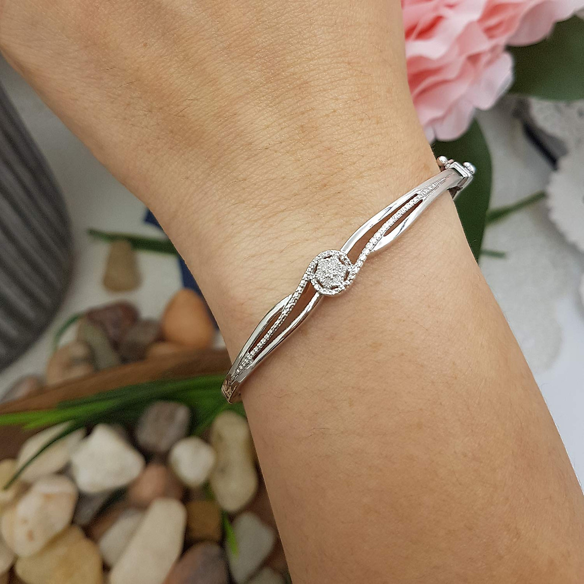 Dazzlingrock Collection 0.04 Carat (ctw) Round Cut White Diamond Ladies Twisted Bangle Bracelet, Sterling Silver