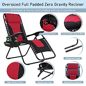 PHI VILLA Set of 2 Padded Zero Gravity Lounge Chair Folding Patio Recliner with Adjustable Headrest & Cup Holder, Support 350 LBS(Red)