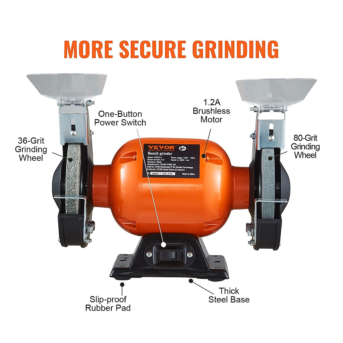 VEVOR Bench Grinder, 6 inch Single Speed Bench Grinder with 2.1A Brushless Motor 3550 RPM Table Grinder with 36/80-Grit Grinding Wheels for Grinding, Sharpening Application