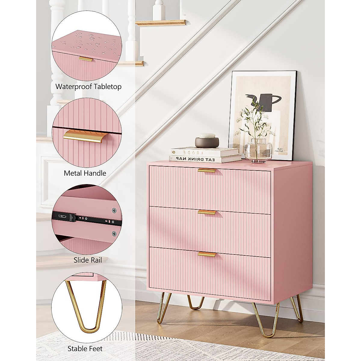 Aobafuir 3 Drawer Dresser for Bedroom, Modern Closet Dressers Chest of Drawers, Storage Dresser Chest Cabinet Organizer Unit, Small Fluted Dresser for Bedroom (Pink Stripe)