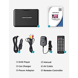 DBPOWER 12" Portable DVD Player with 5-Hour Rechargeable Battery, 10" Swivel Display Screen and SD/ USB Port, with 1.8m Car Charger, Power Adaptor and Car Headrest Mount, Region Free (Black)